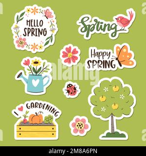 Cute spring sticker collection. Hand-drawn colorful stickers with ...