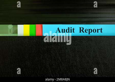 Hand picking audit report file record in black binder folder. Auditing ...