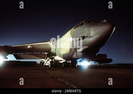 A front view of a parked B-52 Stratofortress aircraft armed with six ...