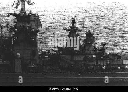 A port side amidships view of the Soviet Kresta II class guided missile ...