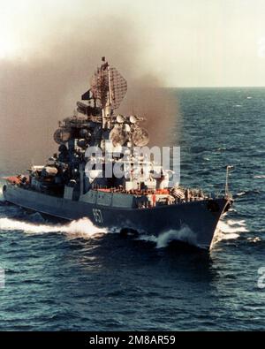 A starboard bow view of the Soviet Kresta-II class guided missile ...