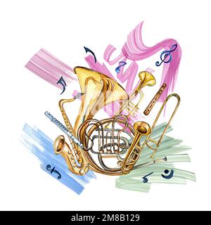 Musical symbols and clarinet musical instrument watercolor illustration ...