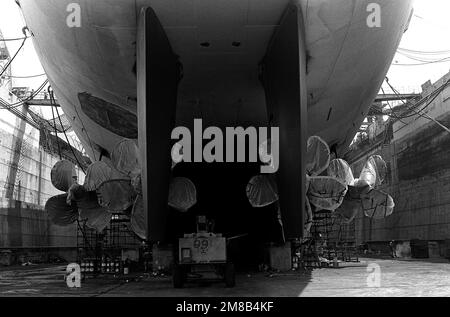 A close-up stern view of the battleship USS IOWA (BB 61) as seen from a ...