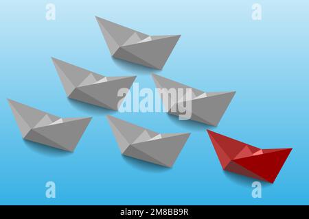 Leadership and business concept. One red leader ship leads other ships ...