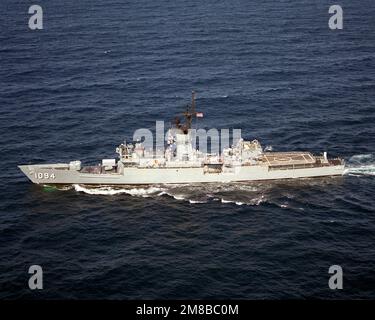 Port beam view of USS Pharris (FF-1094) underway during BALTOPS 1985 DN ...