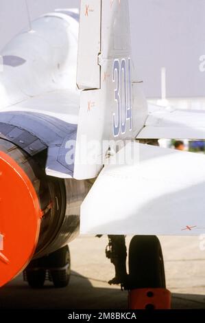 A partial rear view of a Soviet MiG-29UB Fulcrum aircraft on display at ...