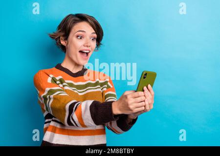 Photo of funny cute short hairstyle lady hold cup wear yellow t-shirt ...