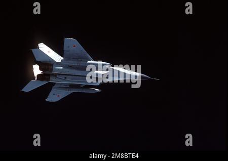 An air-to-air right underside view of a Soviet MiG-29 Fulcrum aircraft ...