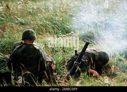 A 60mm mortar round fires during mortar training and evaluation program ...