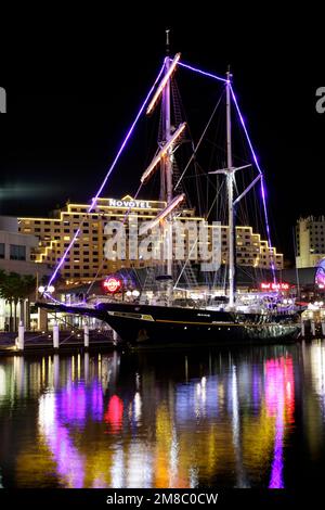 Australian Brigantine Young Endeavour lit up at night, Sydney harbour ...