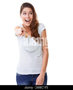 Laugh, bullying and woman pointing in studio on white background for ...