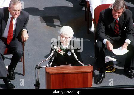 Roberta Burke, wife of retired Admiral Arleigh Burke, greets Secretary ...