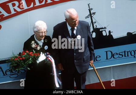 Roberta Burke, wife of retired Admiral Arleigh Burke, greets Secretary ...