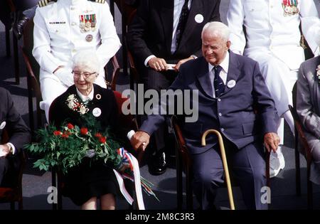 Roberta Burke, wife of retired Admiral Arleigh Burke, greets Secretary ...