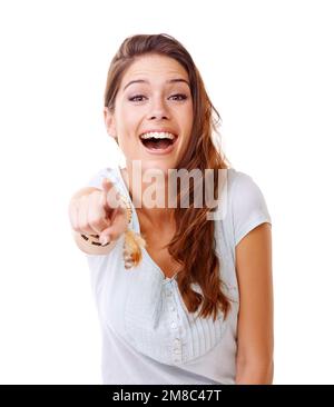 Laugh, bullying and woman pointing in studio isolated on white ...