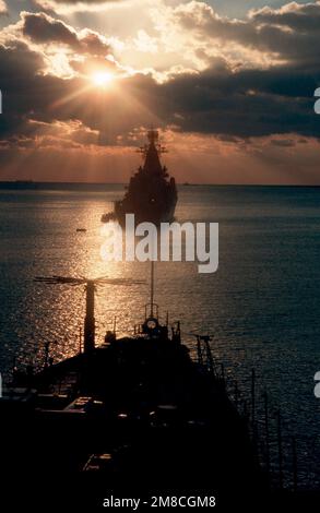 A port bow view of the Soviet Slava class guided missile cruiser ...