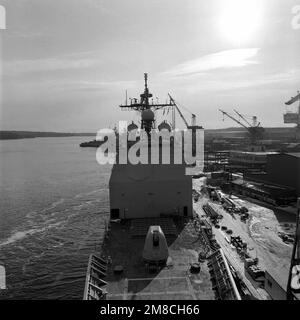 A view of the superstructure of the guided missile cruiser USS ...
