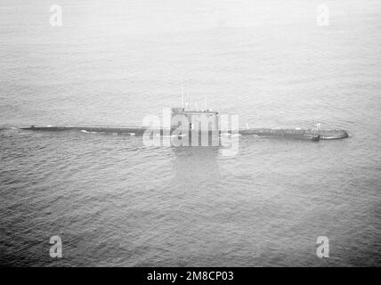 A starboard beam view of a Soviet Tango class patrol submarine underway ...