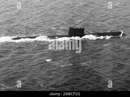 A starboard beam view of a Soviet Tango class patrol submarine underway ...