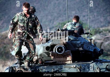 Soldiers set up an M-551 Sheridan light tank that has been air-dropped ...
