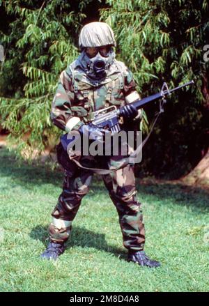 A Soldier wearing Mission Oriented Protective Posture (MOPP) gear ...