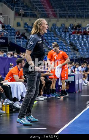 Staffan Olsson coaches the Netherlands during the men's handball match ...