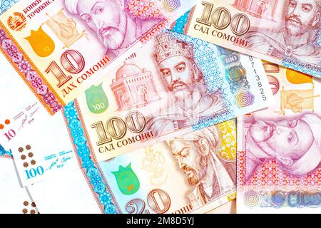 Many different Tajik somoni currency as a Tajikistan money background ...