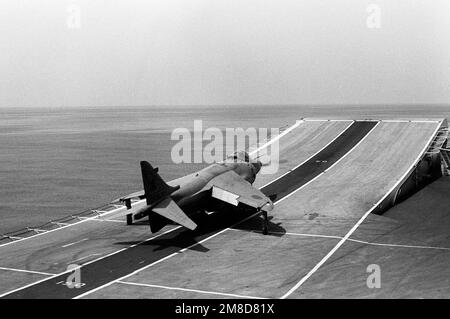 An FRS. Mark 1 Sea Harrier aircraft nears the end of its takeoff roll ...
