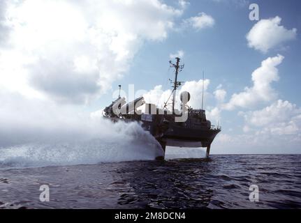 A starboard quarter view of the hydrofoil patrol combatant missile ship ...