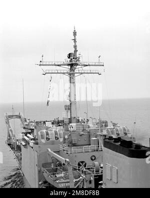 A view of antenna rigging on the mast of the tank landing ship USS ...