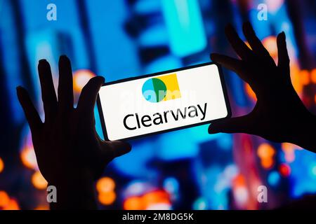 In this photo illustration, the Clearway Energy logo is displayed on a ...