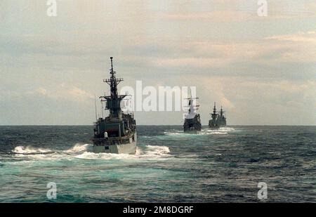 Underway north of Diego Garcia are, from left to right, the frigate USS ...