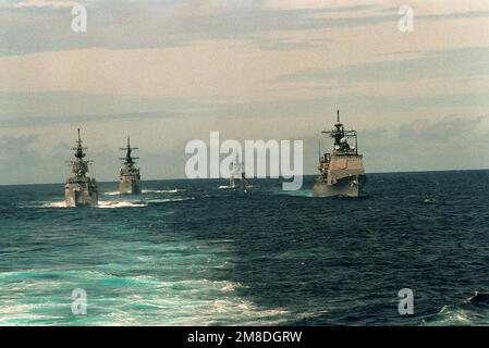 Underway north of Diego Garcia are, from left to right, the frigate USS ...