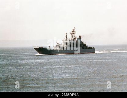 A port bow view of a Soviet Ropucha class tank landing ship underway ...