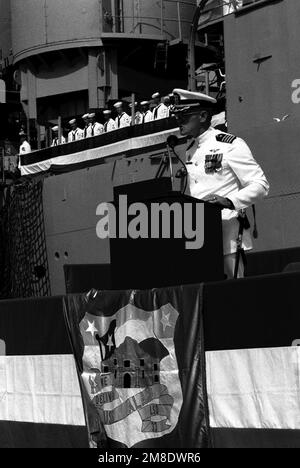 Captain Andrew J. Murphy, Commander, Amphibious Squadron 7, speaks ...