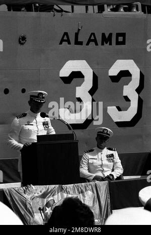 Captain Andrew J. Murphy, Commander, Amphibious Squadron 7, speaks ...