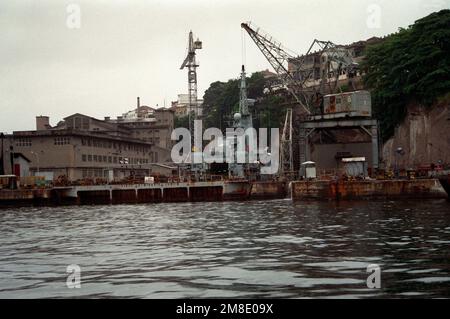 An Inhauma class patrol vessel of the Brazilian navy sits in dry dock ...