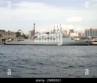 A starboard beam view of the Brazilian frigate DEFENSORA (F-41) and two ...
