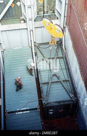 Soldiers from the 155th Transportation Company guide a container of ...