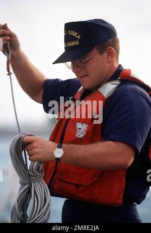 Crewmen aboard the Coast Guard large patrol craft USCGC KISKA (WPB-1336 ...