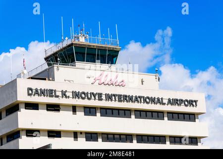 Daniel K. Inouye International Airport sign on building tower facade of ...