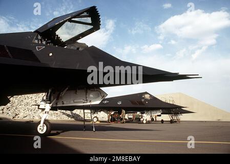 A 37th Tactical Fighter Wing (37th TFW) F-117A aircraft sits inside a ...