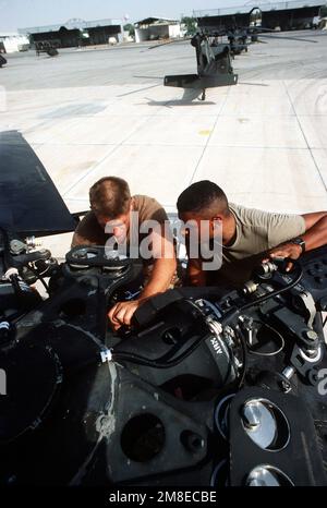 Two mechanics perform maintenance on the main rotor of a UH-60 Black ...