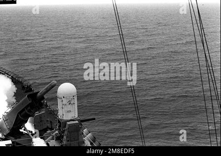Phalanx CIWS firing on USS Theodore Roosevelt (CVN-71) c1987 Stock ...
