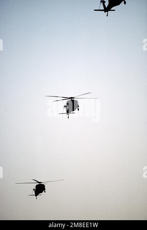 A formation of UH-60 Black Hawk helicopters land at Point Salines ...