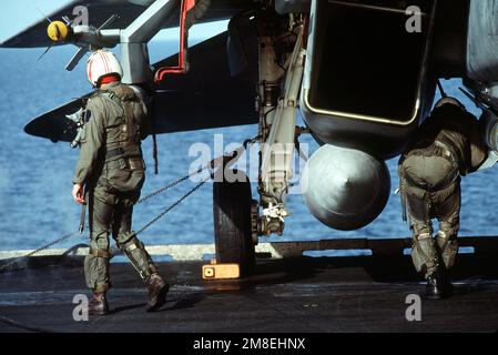 A Fighter Squadron 74 (VF-74) pilot and his family stand beside an F-14A Tomcat aircraft ...