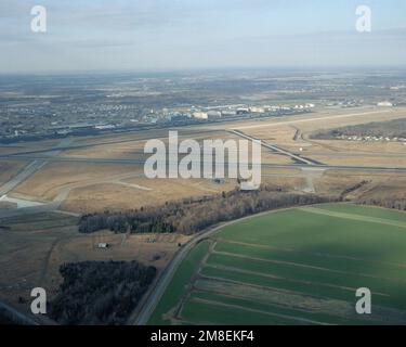 An aerial view of a portion of the base, showing an aircraft hangar ...
