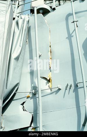A close-up view of the superstructure of the guided missile destroyer ...