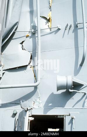 A close-up view of the superstructure of the guided missile destroyer ...