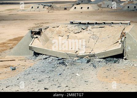 A view of a munitions bunker at Al-Salman Air Base destroyed by Allied ...